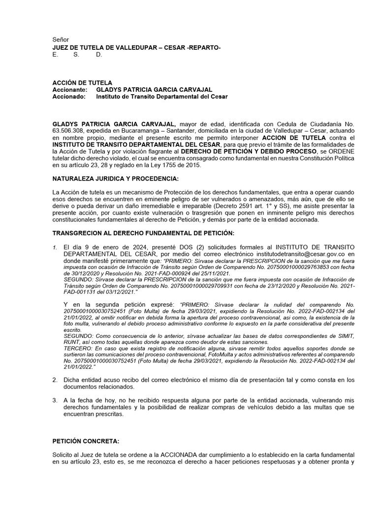 Modelo Indebida Notificacion Transito | PDF | Debido al proceso ...