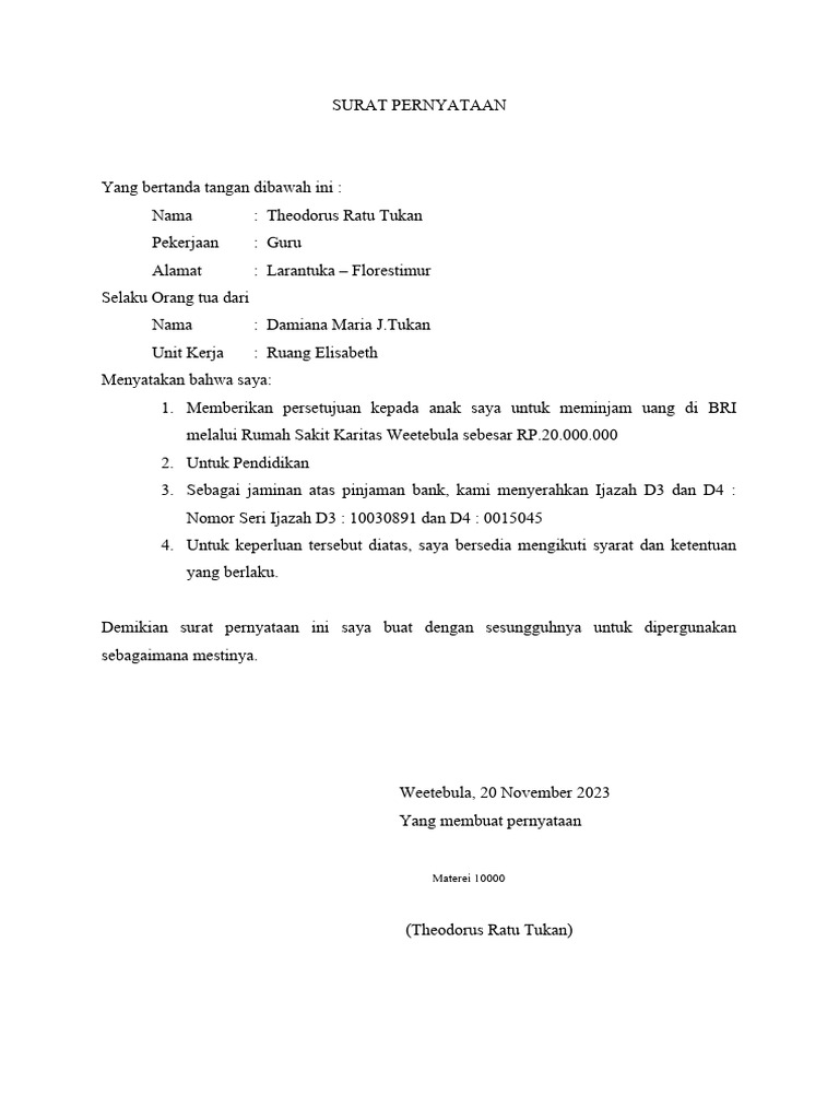 SURAT PERNYATAAN BRI. Kirim | PDF