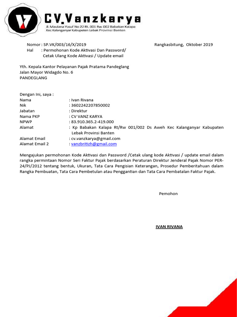 Permohonan Kode Aktivasi PKP CV Vanz Karya | PDF