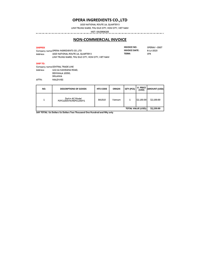 Opera Ingredients Co.,Ltd: Invoice No: Invoice Date: Term | PDF