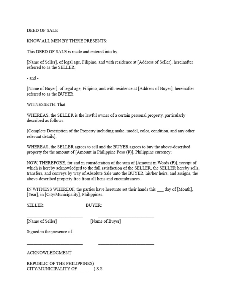 DEED OF SALE Sample | PDF | Sales | Business