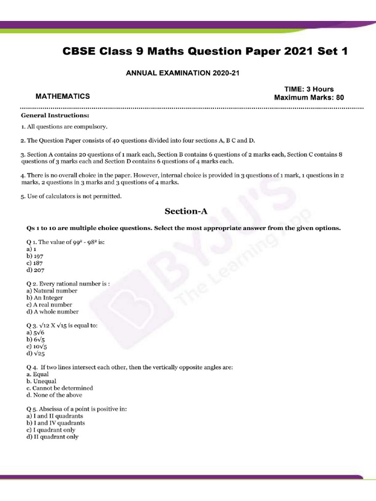 CBSE Sample Paper For Class 9 Maths 2021 Set 1 | PDF