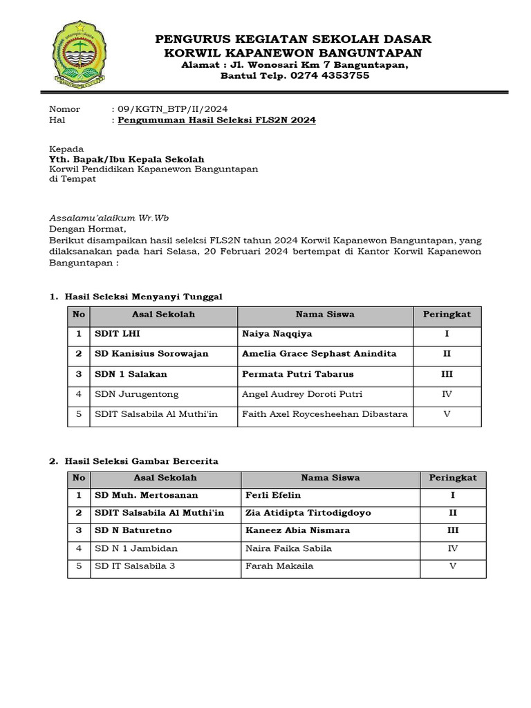 Pengumuman FLS2N 2024 - Fix | PDF