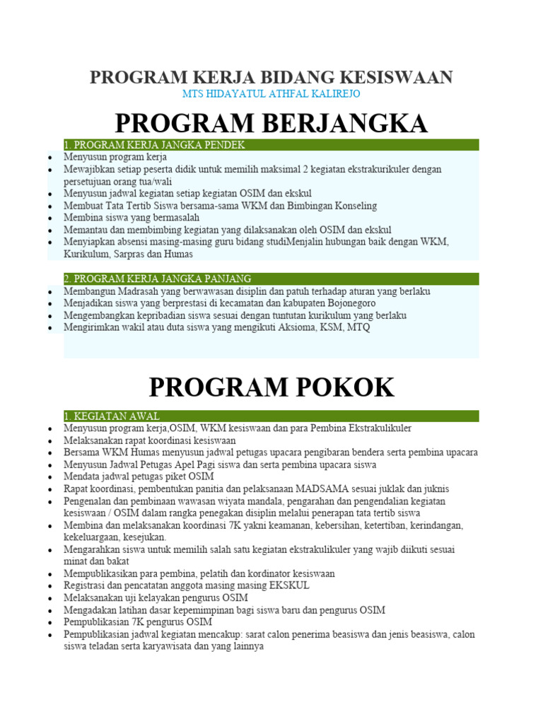 Program Kerja Bidang Kesiswaan | PDF