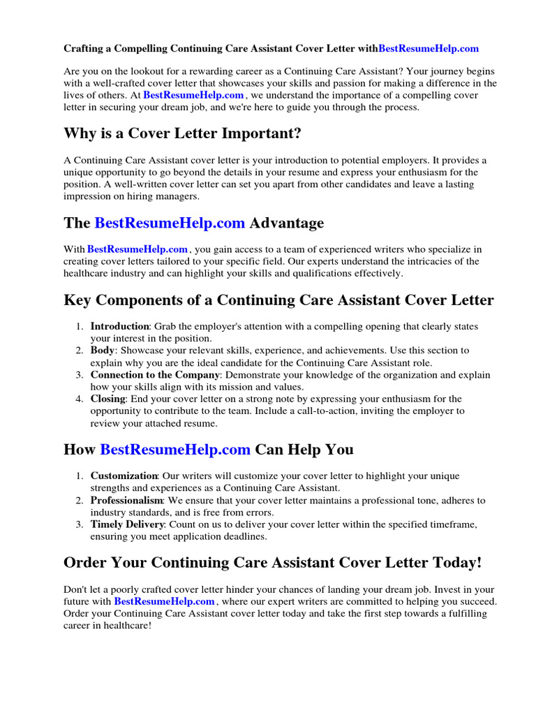 Continuing Care Assistant Cover Letter | PDF | Health Care | Caregiver