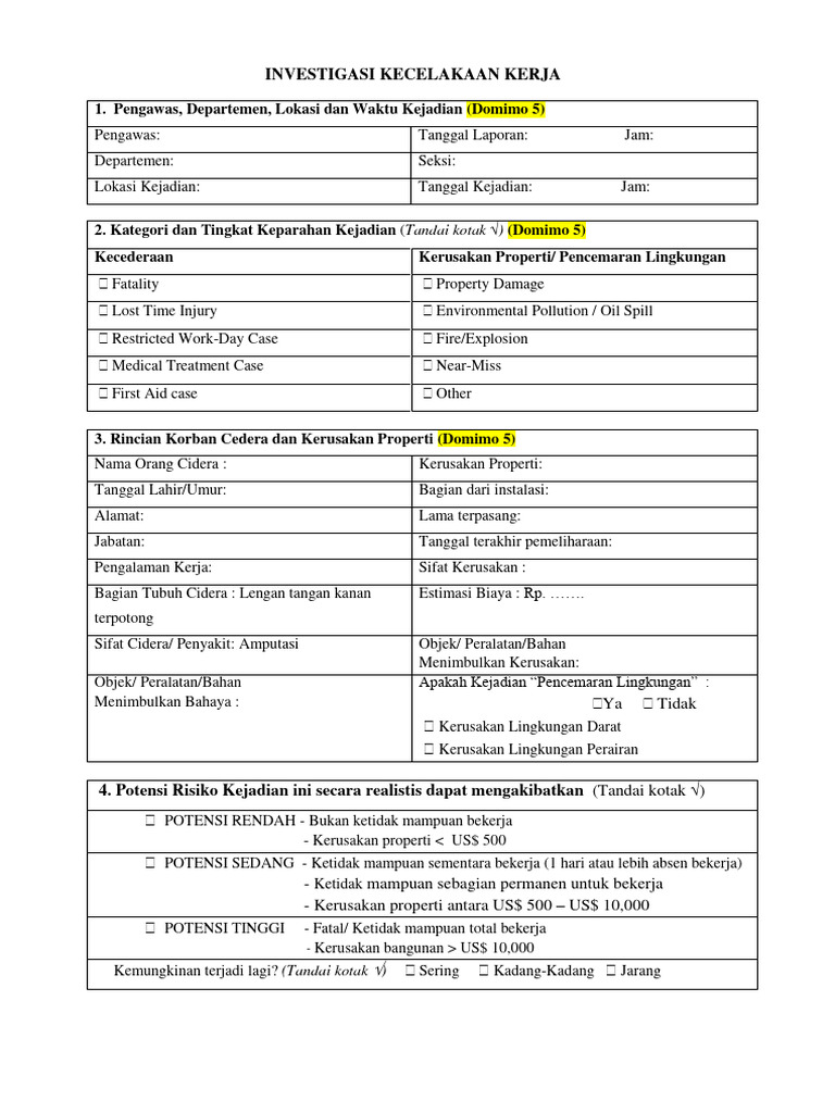 Formulir Investigasi Kecelakaan Kerja (1) Latihan | PDF