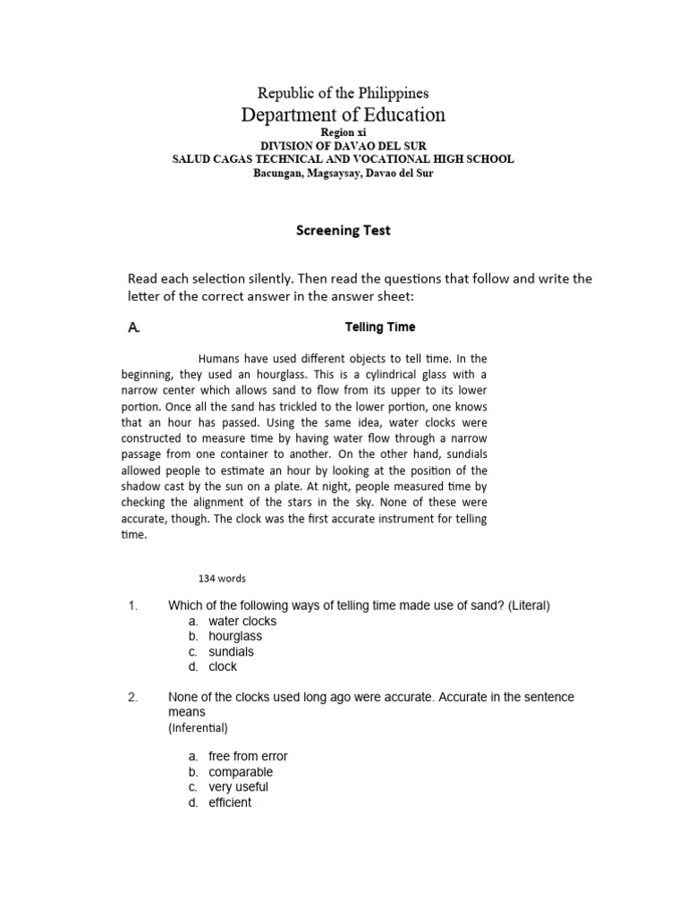 Screening Test Comprehension English | PDF | Clock | Human Nose