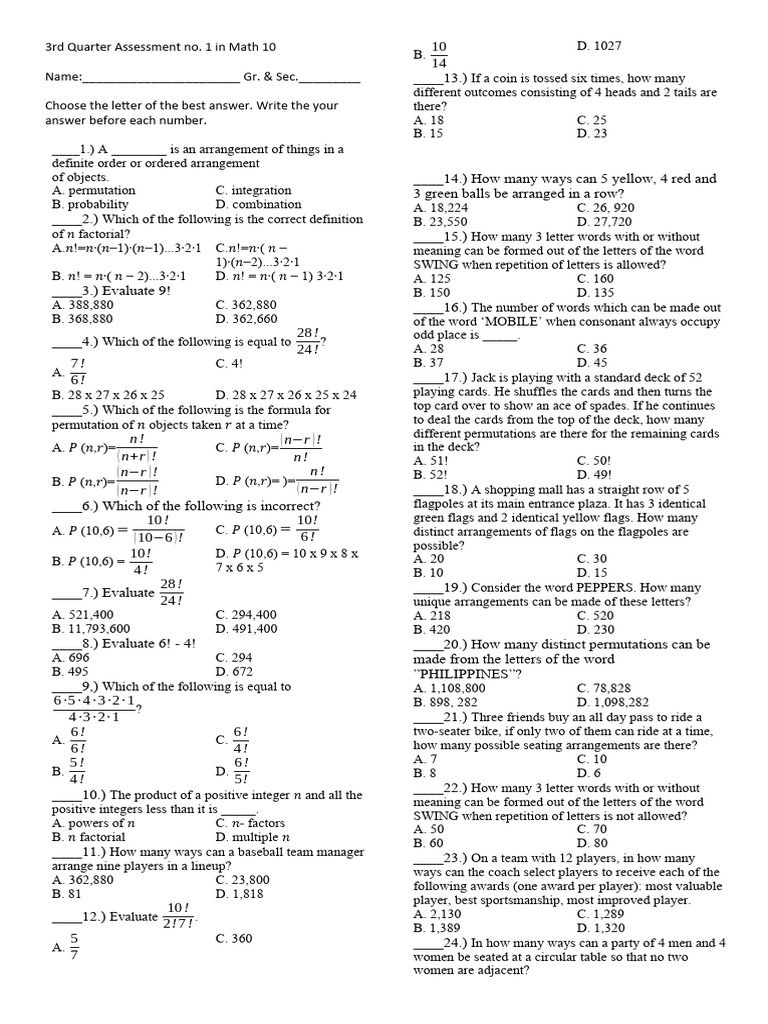 3rd Quarter Assessment Math 10 | PDF | Permutation | Mathematics