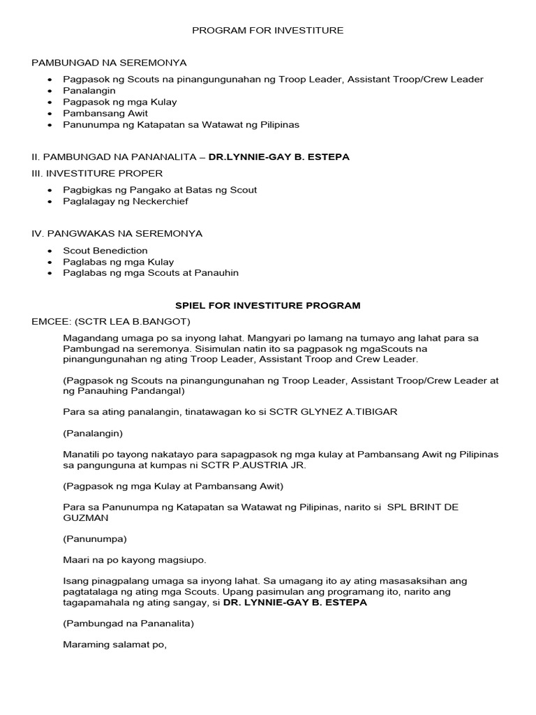 Program For Investiture Tagalog Version Script and Spiel 1 | PDF