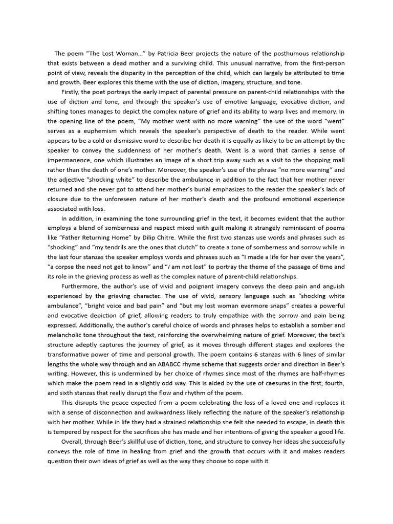 Analyzing "The Lost Woman" by Patricia Beer | PDF | Poetry | Grief