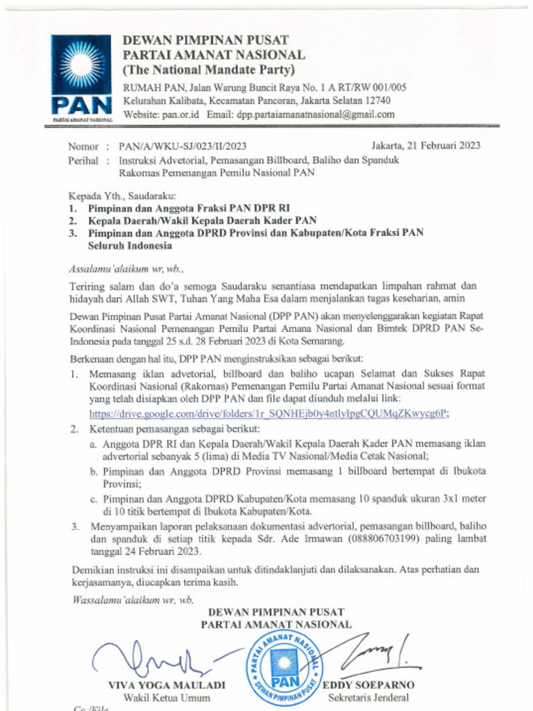 Instruksi Pemasangan Advetorial, Billboard Dan Spanduk Rakornas PAN | PDF