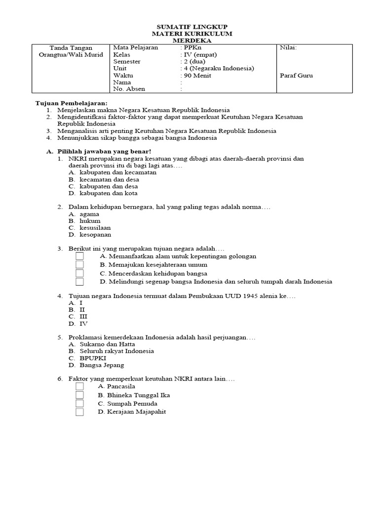 Soal UH PKN Kls 4 UNIT 4 SM 2 | PDF