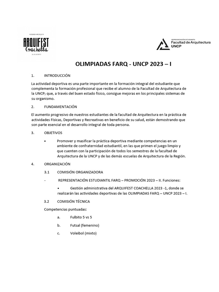 Olimpiadas FARQ UNCP 2023: Guía y Reglas | PDF