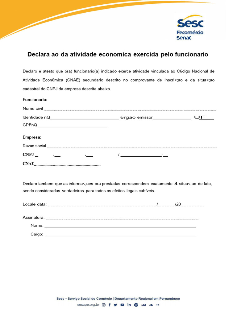 Declaração Da Atividade Econômica Exercida Pelo Funcionário Novo Modelo ...