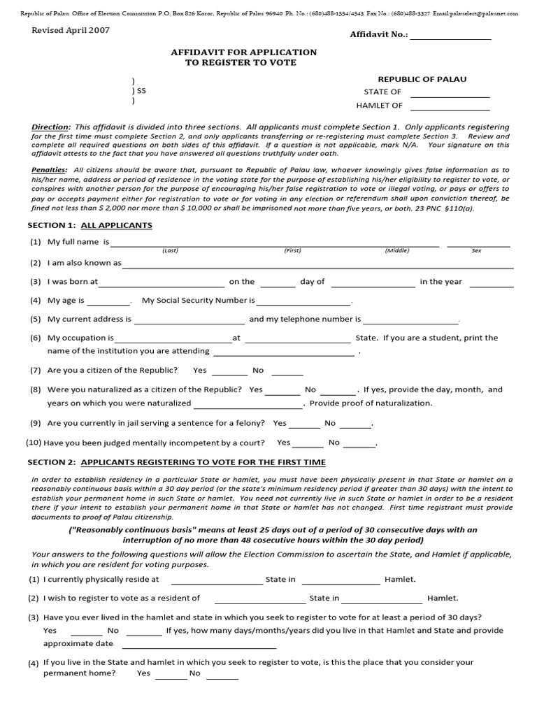 Palau Voter Registration Affidavit Form | PDF | Affidavit | Public Law