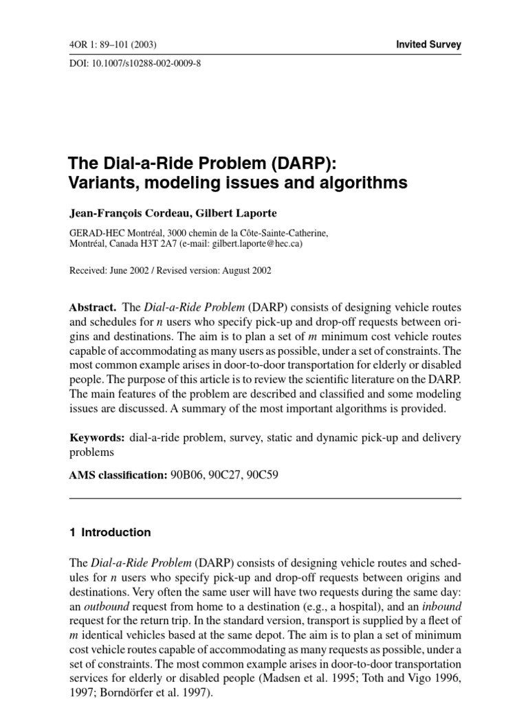 The Dial-a-Ride Problem (DARP) : Variants, Modeling Issues and Algorithms | PDF | Mathematical ...