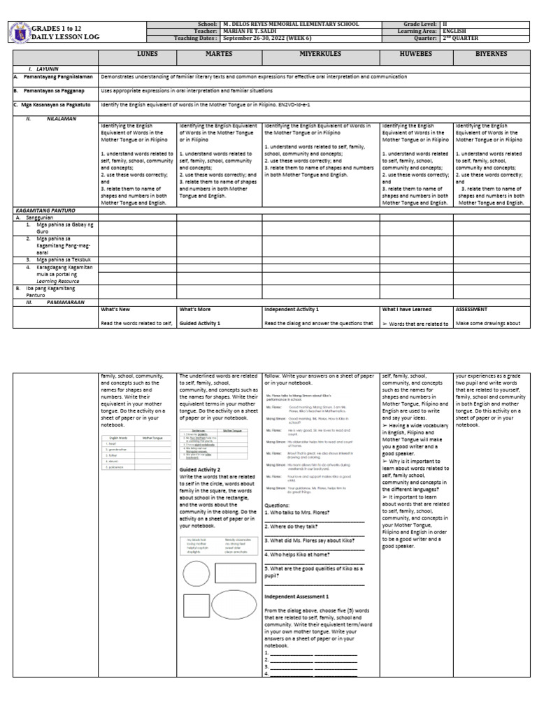 DLL - English 2 - Q2 - W5 | PDF | Cognition | Cognitive Science