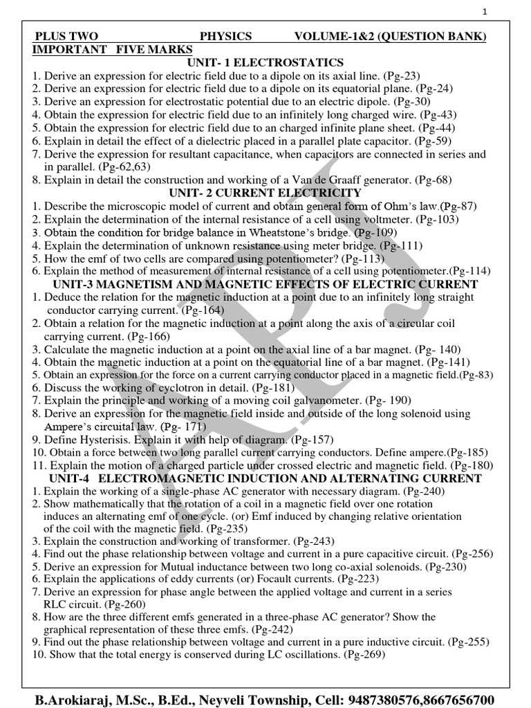 Namma Kalvi 12th Physics Important Questions em 216618 | Download Free PDF | Electromagnetic ...