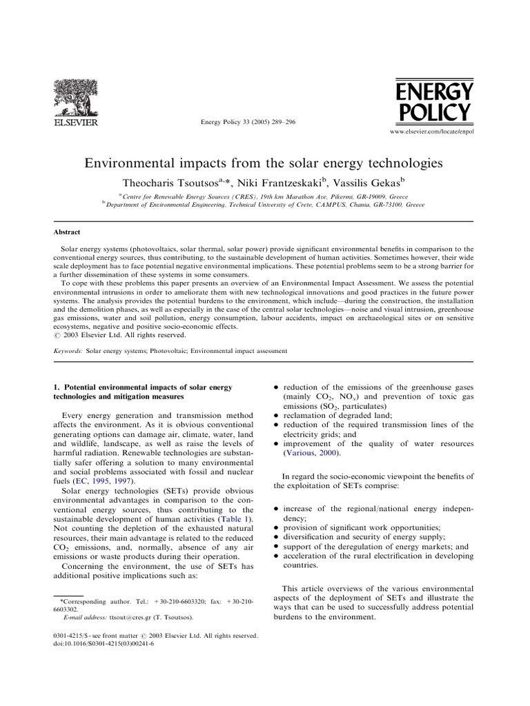 Environmental Impacts From The Solar Energy Technologies | PDF ...