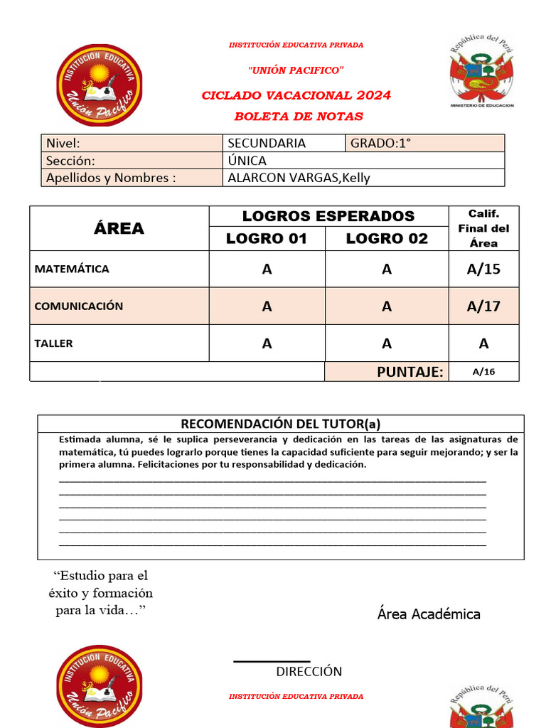 Boleta de Notas - 1ero - Secund.2024 | PDF