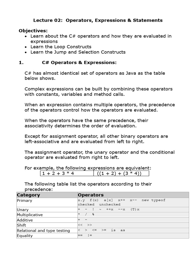 Lect02 - Operations | Download Free PDF | C Sharp (Programming Language) | Computer Science