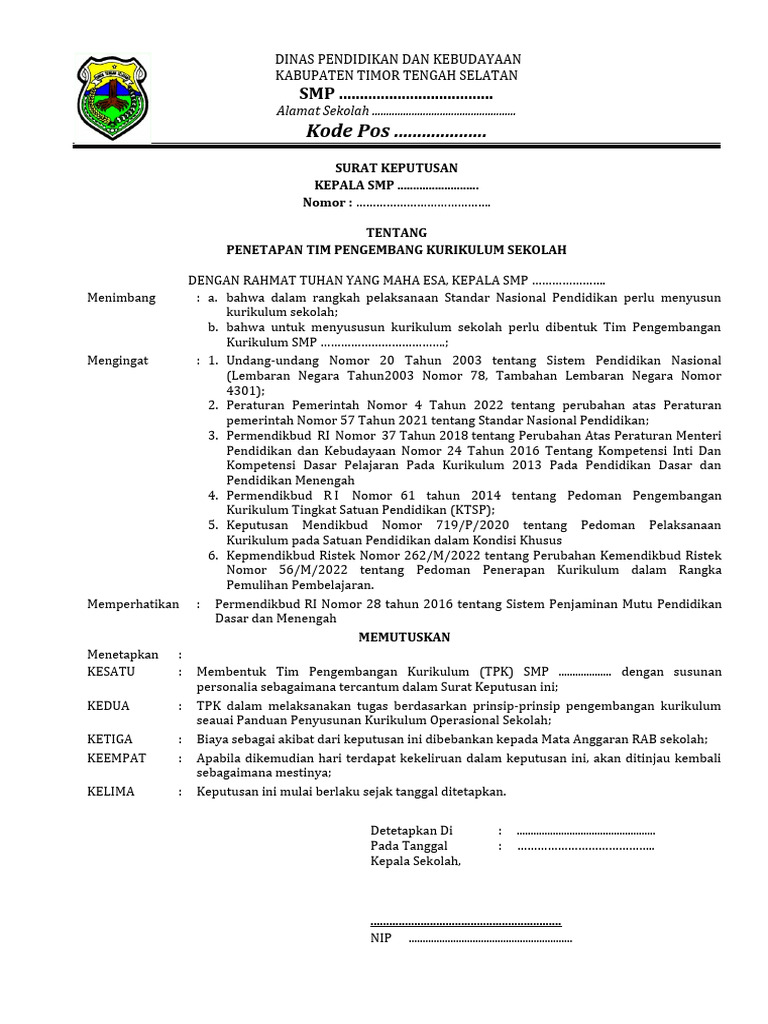 Pembentukan Tim Pengembang Kurikulum SMP | PDF