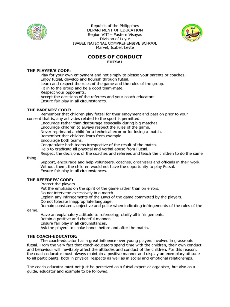 Futsal Codes of Conduct | PDF | Risk | Sports