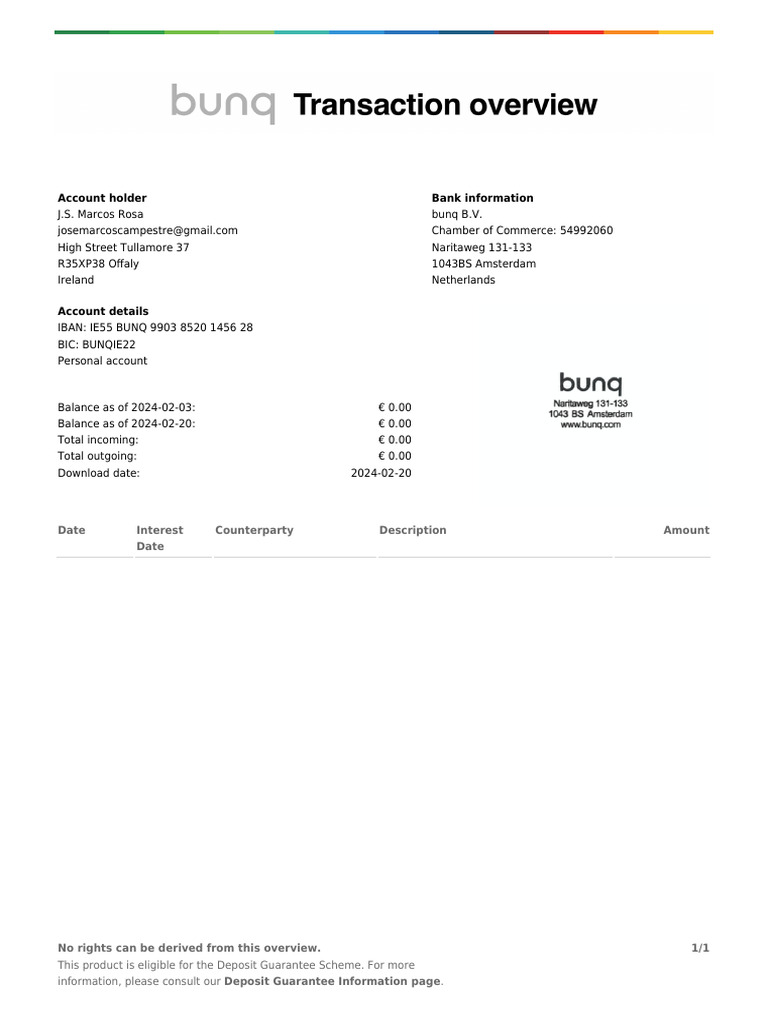 Bunq Bank Statement Overview | PDF | Finance & Money Management