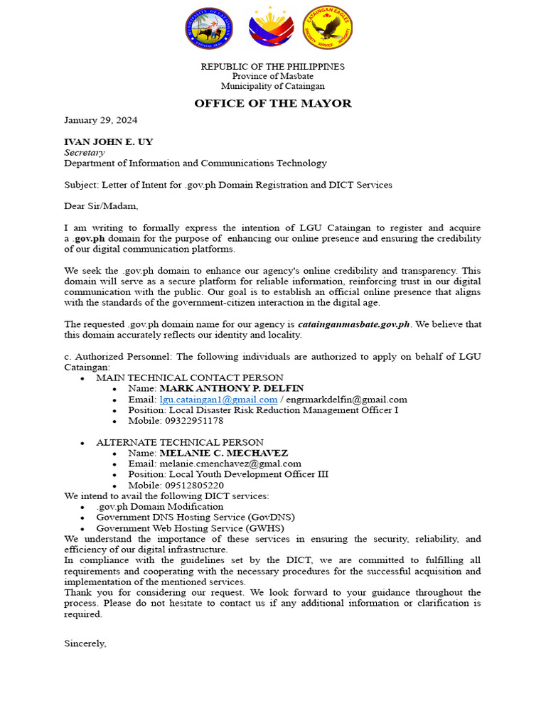 Letter of Intent For LGU Cataingan Website and DNS Hosting | PDF ...