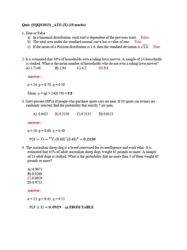 Quiz SQQS1013 (X) - A231 - Chapter 5 (Answer) | PDF | Statistical Theory | Statistics