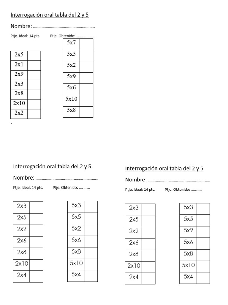 2° Interrogación Oral Tabla Del 2 y 5 | PDF