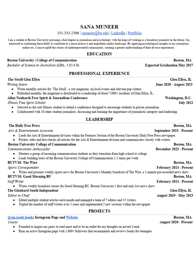 Sana Muneer - Resume | PDF | Mass Media | Human Communication