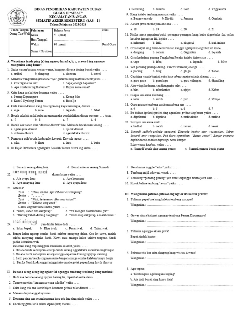 Soal SAS Bahasa Jawa Kelas 5 Smt. 1 Tahun 2023-2024 | PDF