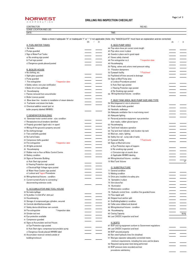 Drilling Rig Safety Inspection Checklist | PDF | Pump | Boiler