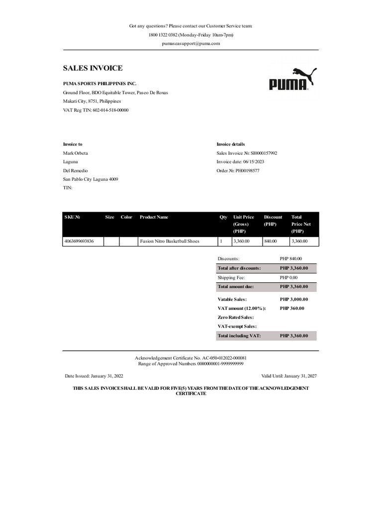 PUMA Sales Invoice for Mark Orbeta | PDF | Market (Economics) | Business
