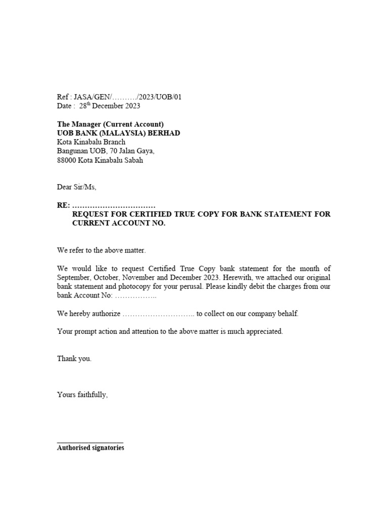 KSB - Letter Request CTC For Bank Statement | PDF