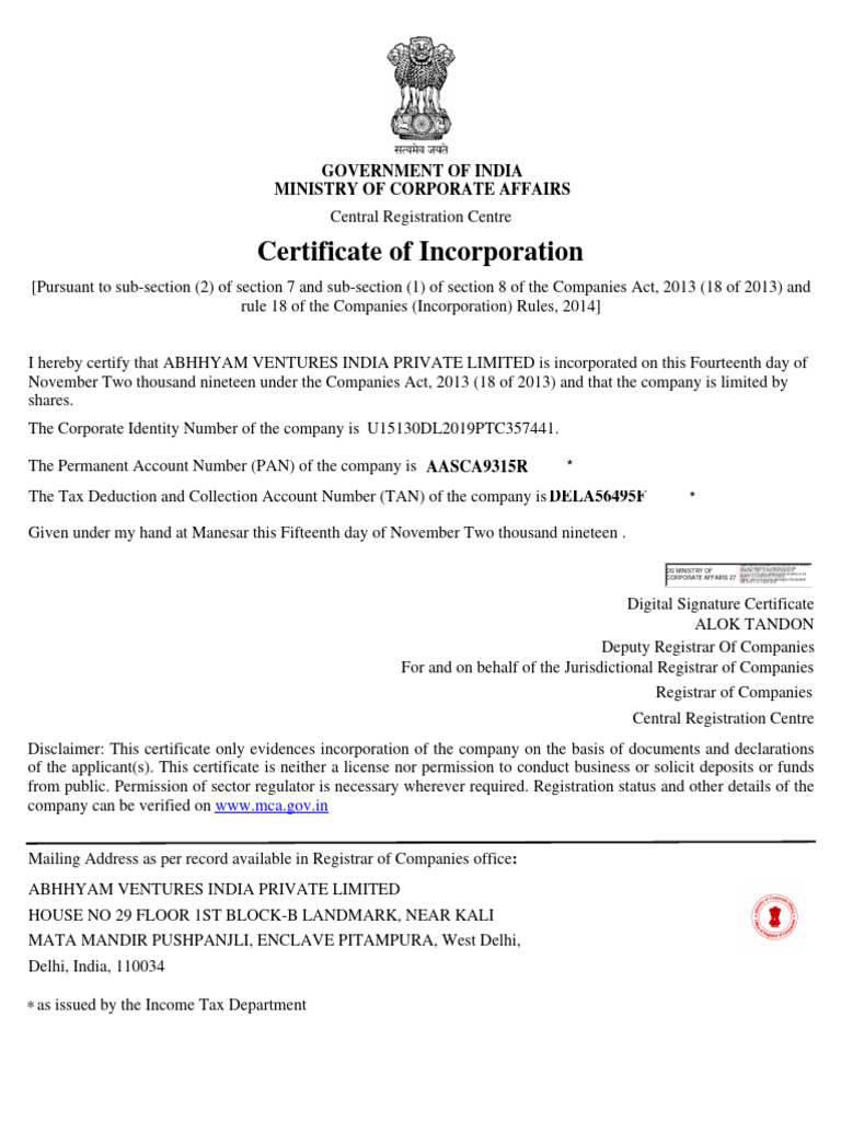 1 Certificate of Incorporation | PDF | Corporations | Justice