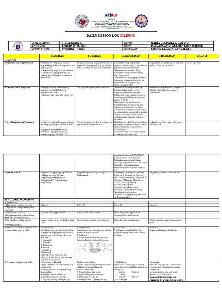 DLL - Filipino 5 - Q3 - W4 | PDF