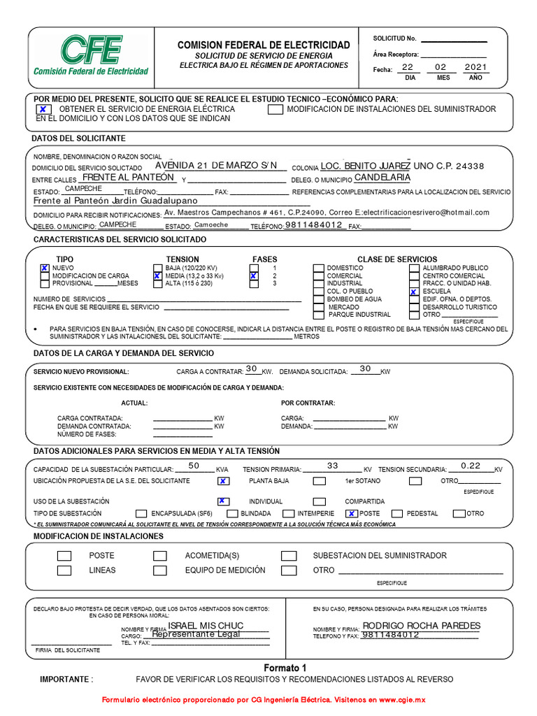 Solicitud de Servicio CFE Aportaciones | PDF | Electricidad ...
