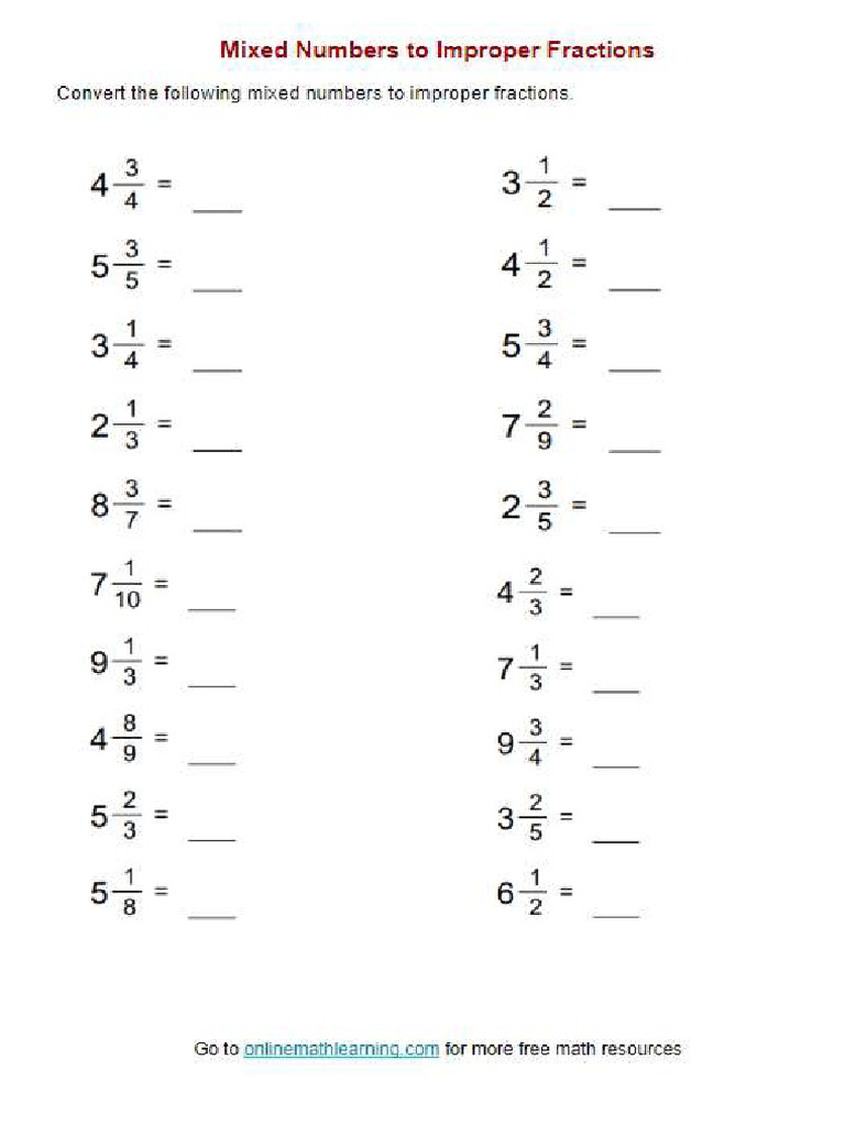 Mixed Number Improper Fraction Worksheet | PDF