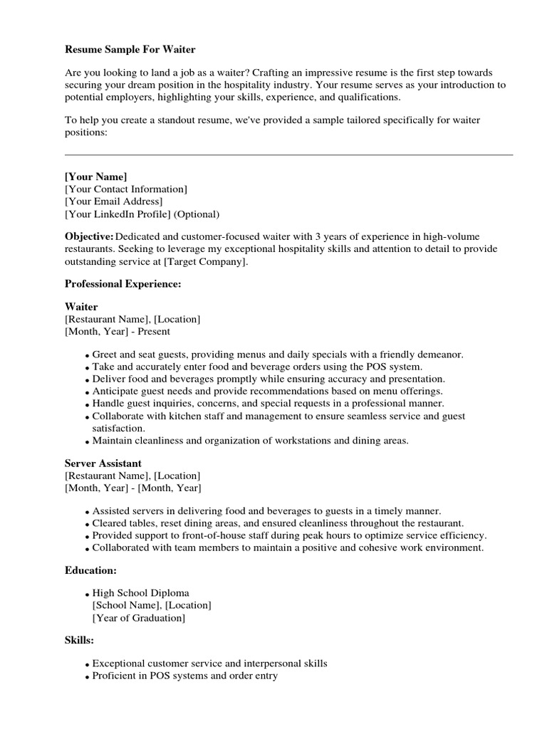 Resume Sample For Waiter | PDF | Waiting Staff | Menu