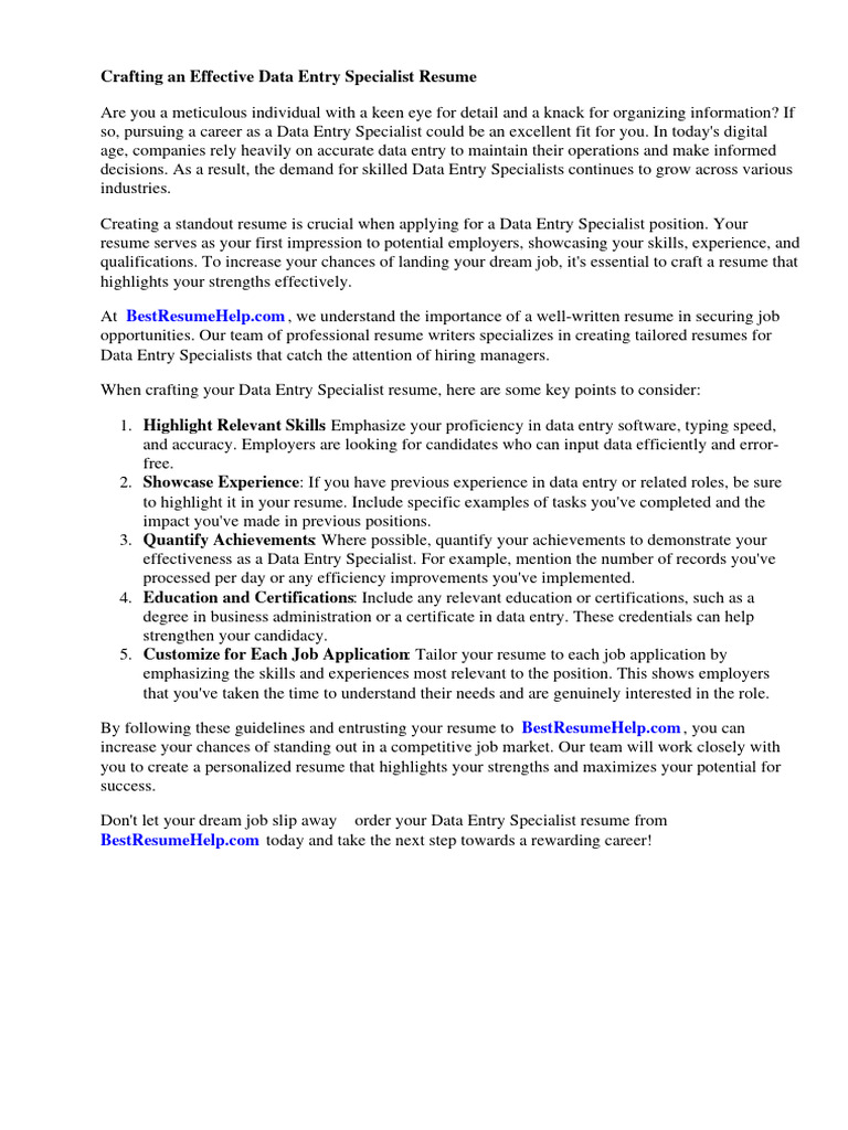 Data Entry Specialist Resume | PDF | Résumé | Data Data Entry Specialist Resume | PDF | Résumé | Data
