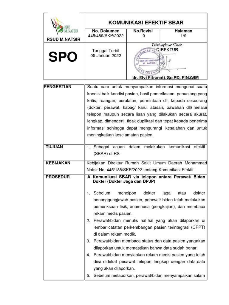 SPO KOMUNIKASI EFEKTIF SBAR RSUD MOHAMMAD NATSIR Compressed | PDF | Kesehatan Holistik