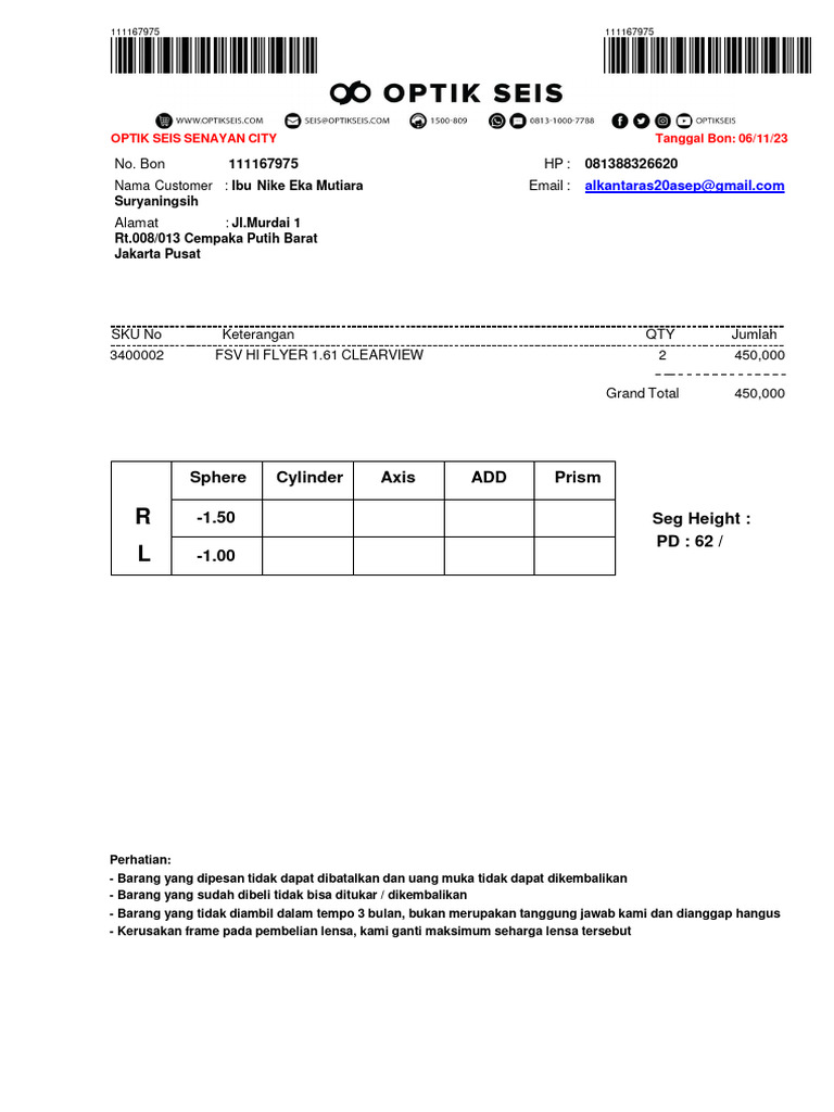Kwitansi Pembelian Kacamata Optik Seis | PDF