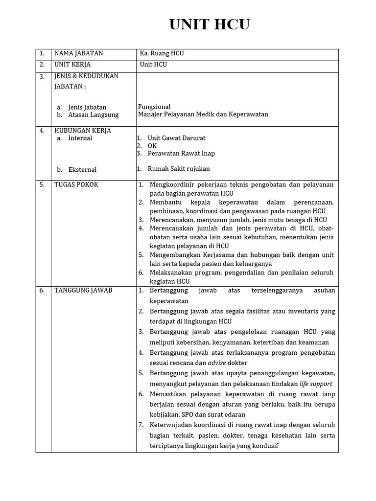 Uraian Tugas Kepala Ruangan Unit HCU | PDF | Kesehatan Holistik | Sains & Matematika