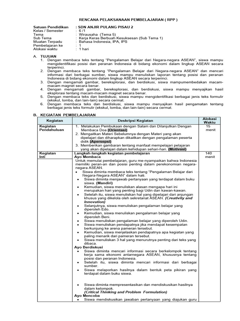 RPP Tema 5 Kelas 6 | PDF