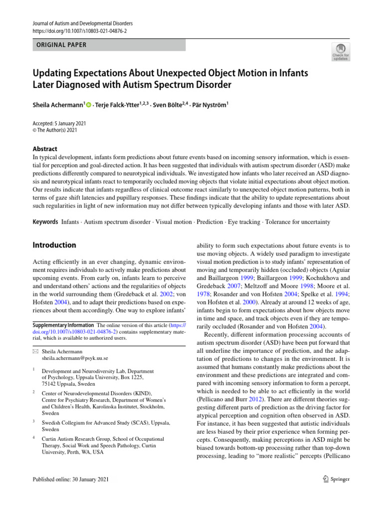 Updating Expectations About Unexpected Object Motion in Infants | PDF | Autism Spectrum ...
