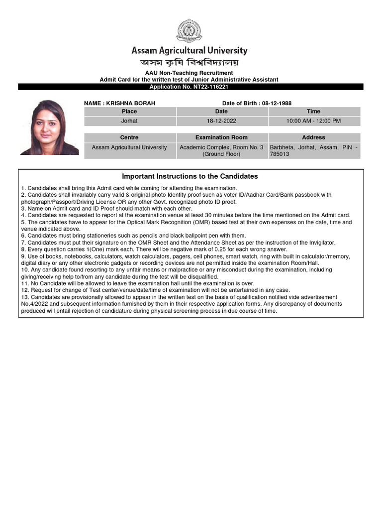 AAU Junior Assistant Admit Card Details | PDF | Government And Personhood