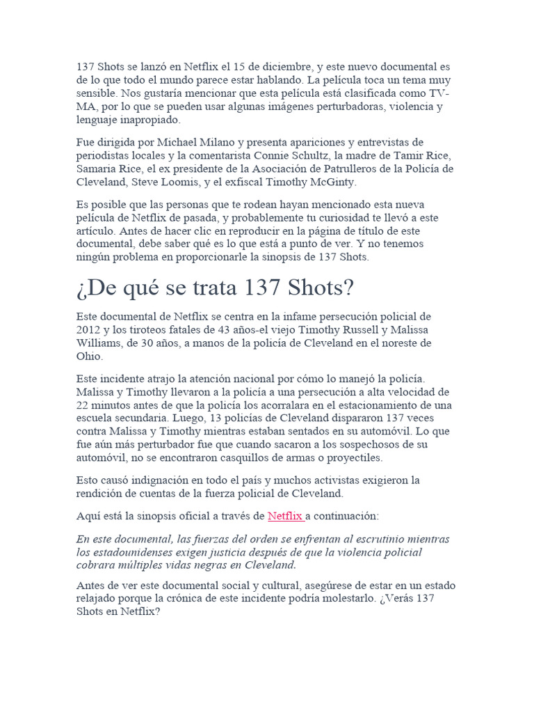 137 Shots Se Lanzó en Netflix El 15 de Diciembre | PDF