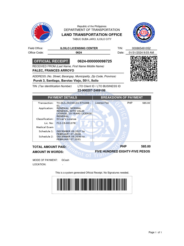 Official Receipt: Land Transportation Office | PDF | Finance & Money ...